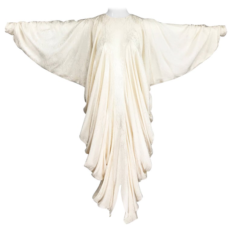 Alik Singer Cream Silk Jacquard Satin Bias Draped Bat Wing Dress 1980s ...