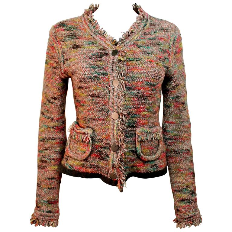 Chanel Identification Knit Fringe Collar Jacket at 1stDibs