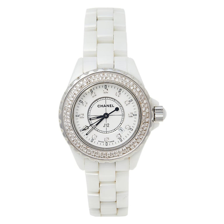 Chanel White Ceramic and Stainless Steel Diamond J12 Women's Wristwatch ...