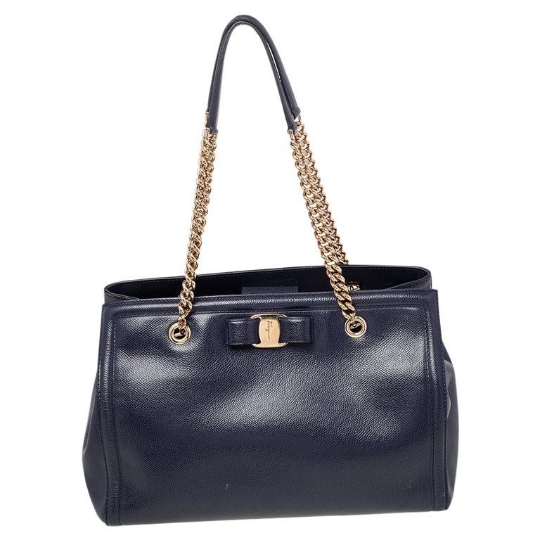 Salvatore Ferragamo Blue Leather Melike Vara Bow Chain Tote at 1stDibs