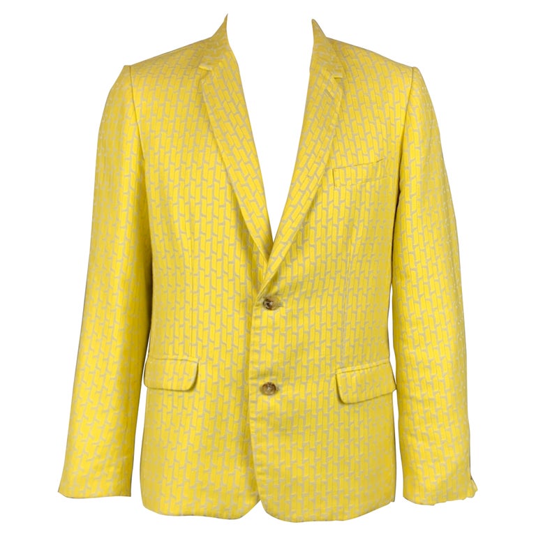 MR TURK Size 44 Yellow and Grey Geometric Cotton Blend Notch Lapel ...