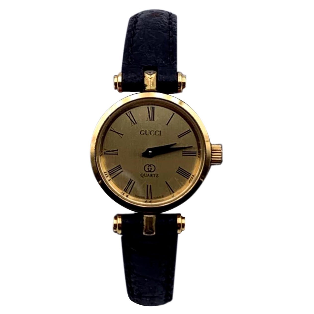 Gucci Vintage Gold Enamel Stainless Steel GG Logo Watch Leather Strap ...