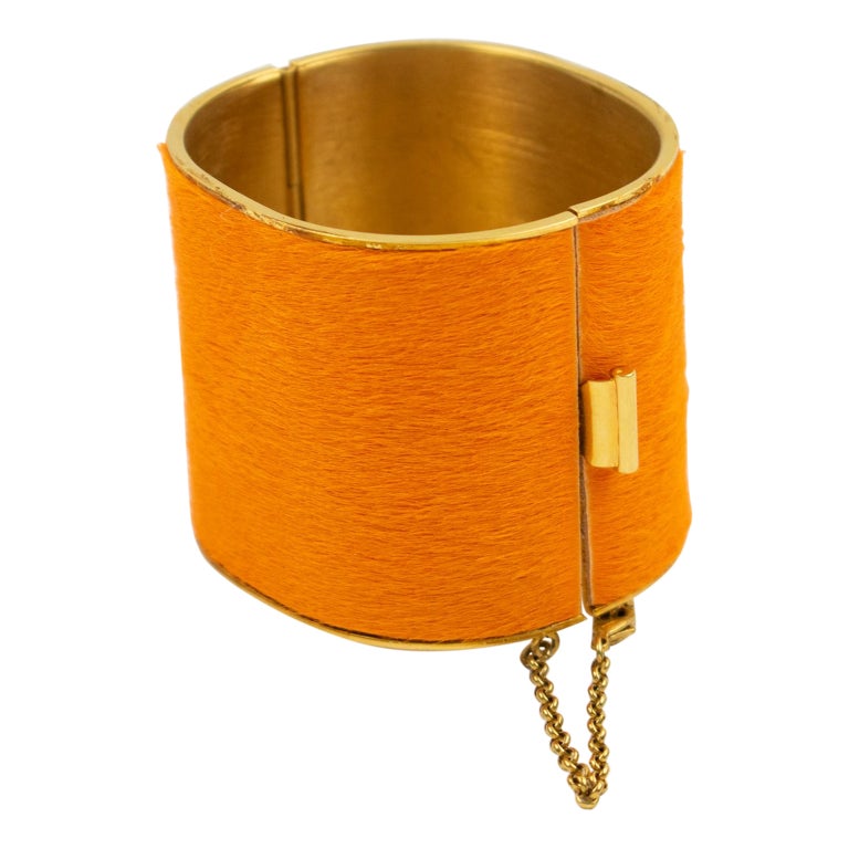 Celine Paris Gilt Metal and Orange Fur Clamper Bracelet Bangle For Sale ...