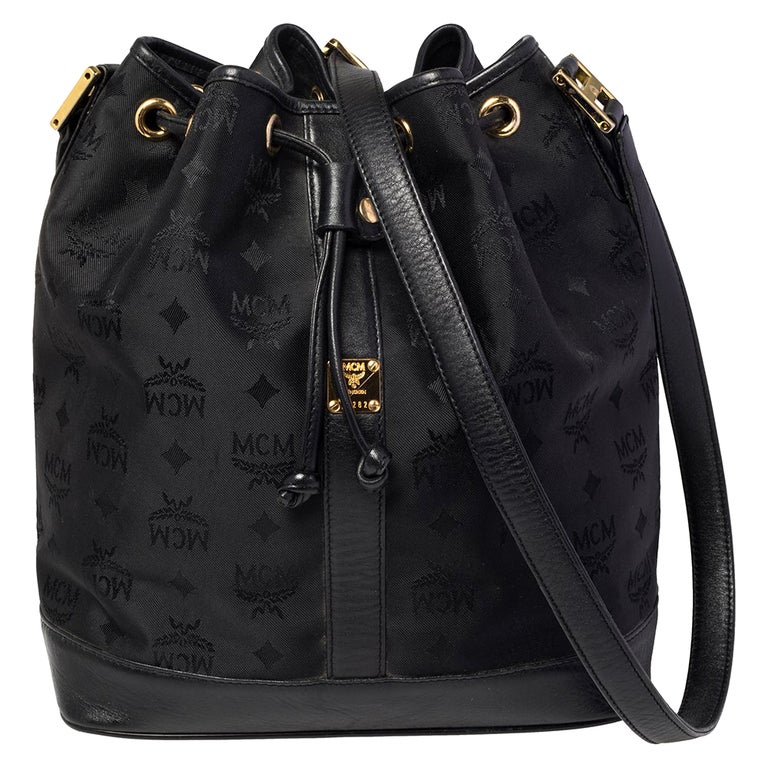 MCM Black Canvas and Leather Drawstring Bucket Bag at 1stDibs