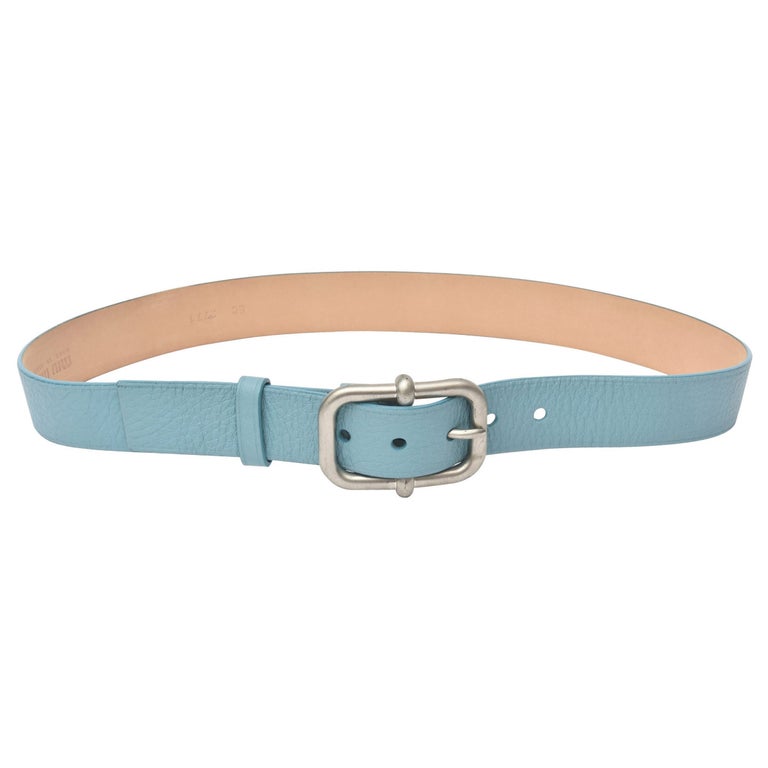 Mui Mui Pebbled Light Tiffany Blue Leather And Silver Metal Belt For ...