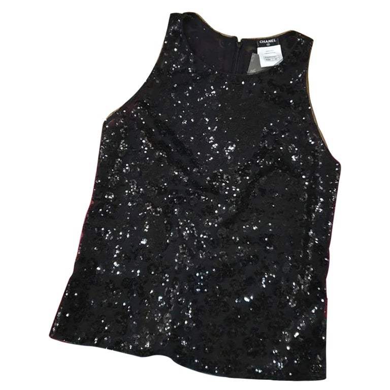 Chanel Sheer Sleeveless Shell Sequin Camellia Embroidery Top For Sale ...
