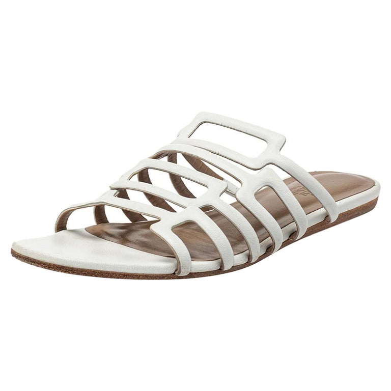 Hermés White Leather Olympe Flat Slides Size 37 at 1stDibs