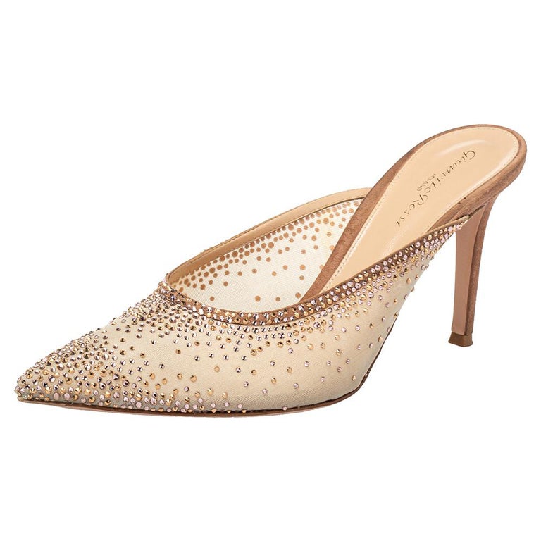 Gianvito Rossi Beige Crystal Embellished Mesh Pointed Toe Mules Size 39 ...