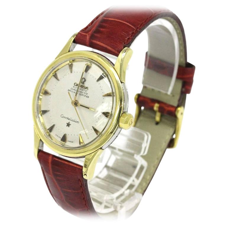 Omega Constellation Yellow Gold Leather Band Pie Pan Unisex Wrist Watch ...