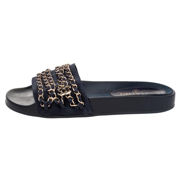 Chanel Navy Blue Fabric Tropiconic Chain Flat Slides Size 39 at 1stDibs