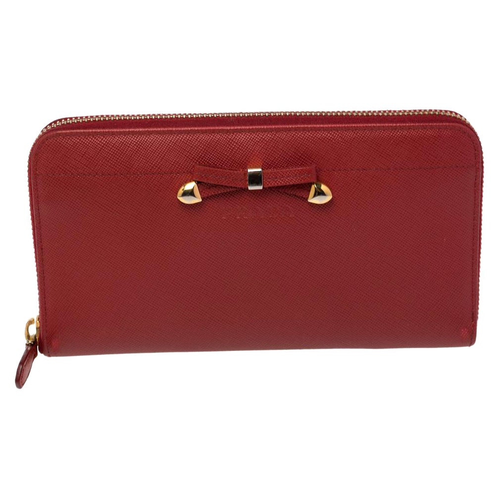 Prada Pink Saffiano Leather Bow Zip Around Wallet For Sale at 1stDibs