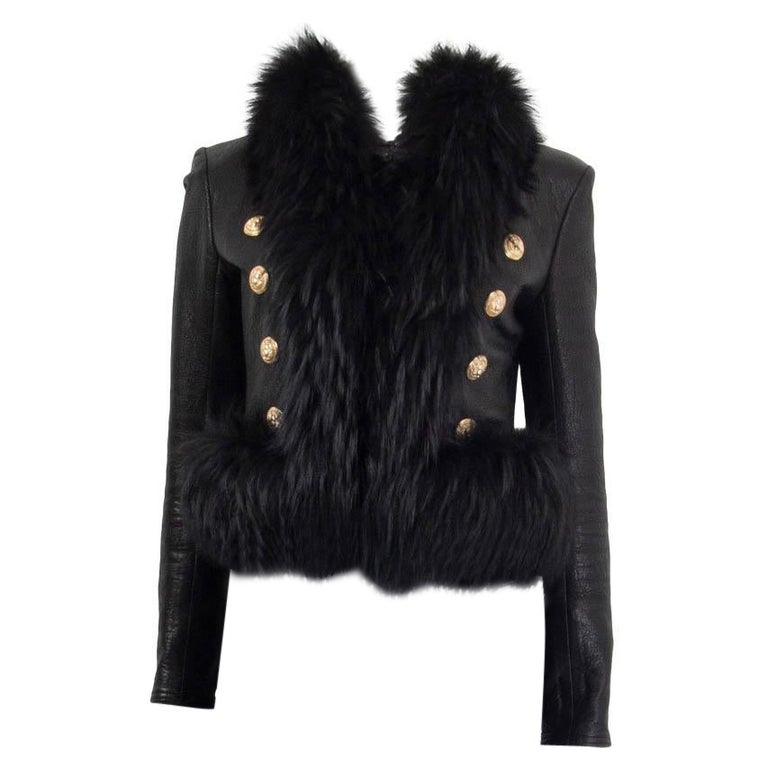 BALMAIN black leather FUR TRIM Jacket 38 S at 1stDibs