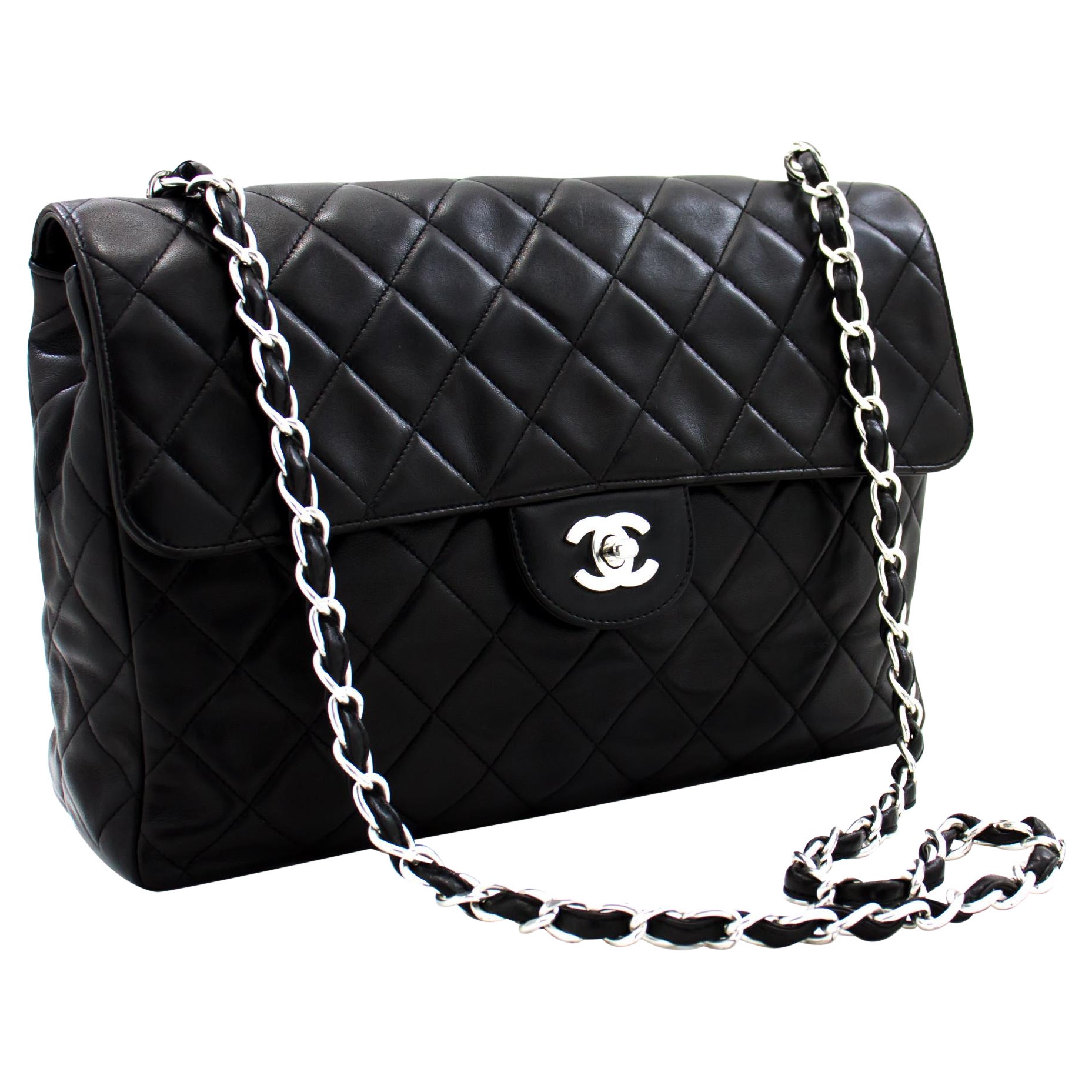 CHANEL Jumbo 11" Large Chain Shoulder Bag Flap Lambskin Black For Sale ...