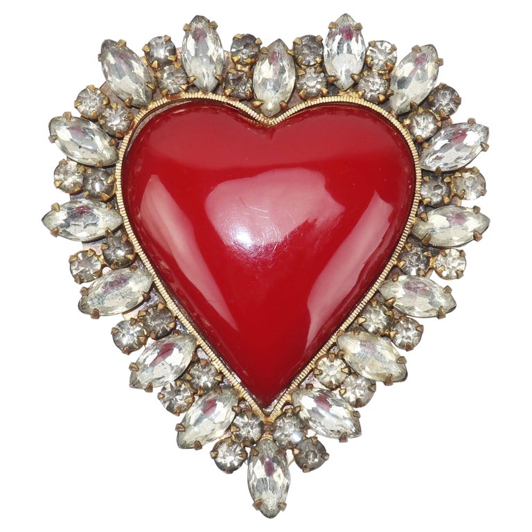 Red Heart and Rhinestone Statement Brooch, C.1930 at 1stDibs