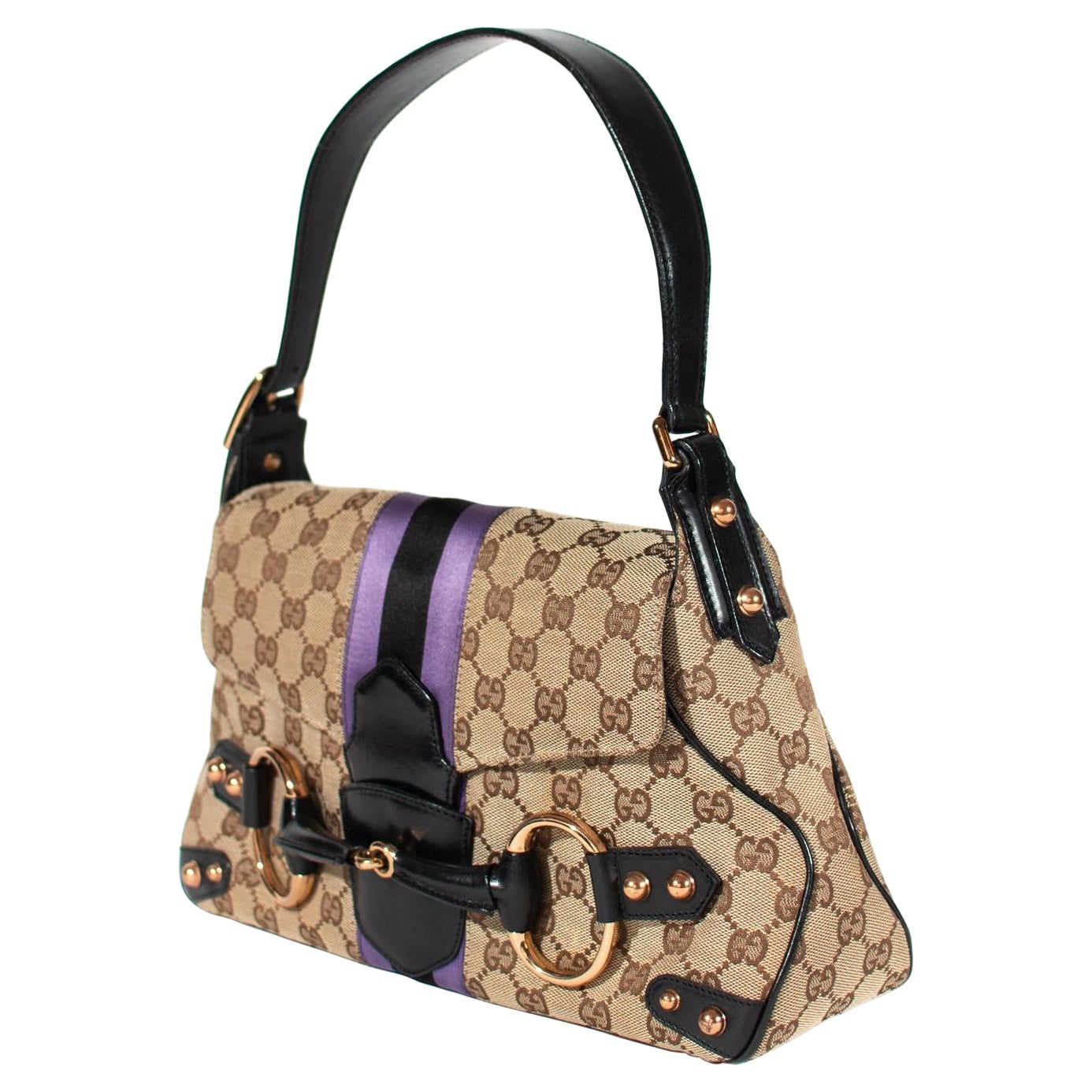 Gucci Brown Leather and Classic Monogram Canvas Bag with Bamboo at 1stDibs