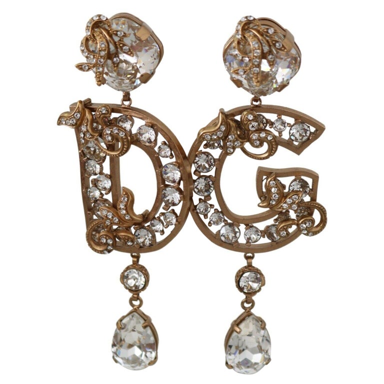 Dolce and Gabbana Metallic Crystal DG Clip-on Drop Earrings Gold Brass ...