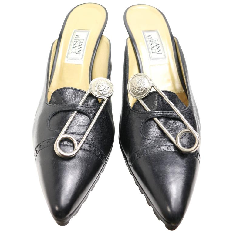 Gianni Versace Black Leather Medusa Safety Pins Mules For Sale at ...