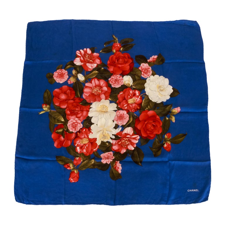 1990's Vintage Chanel Blue Flowers Bouquet Silk Scarf at 1stDibs