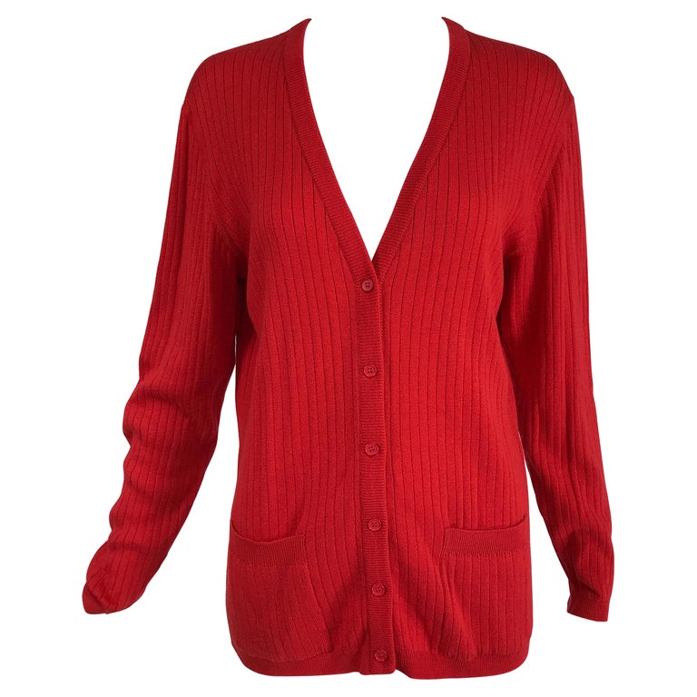 Courreges Red V Neck Ribbed Cardigan Sweater For Sale at 1stDibs