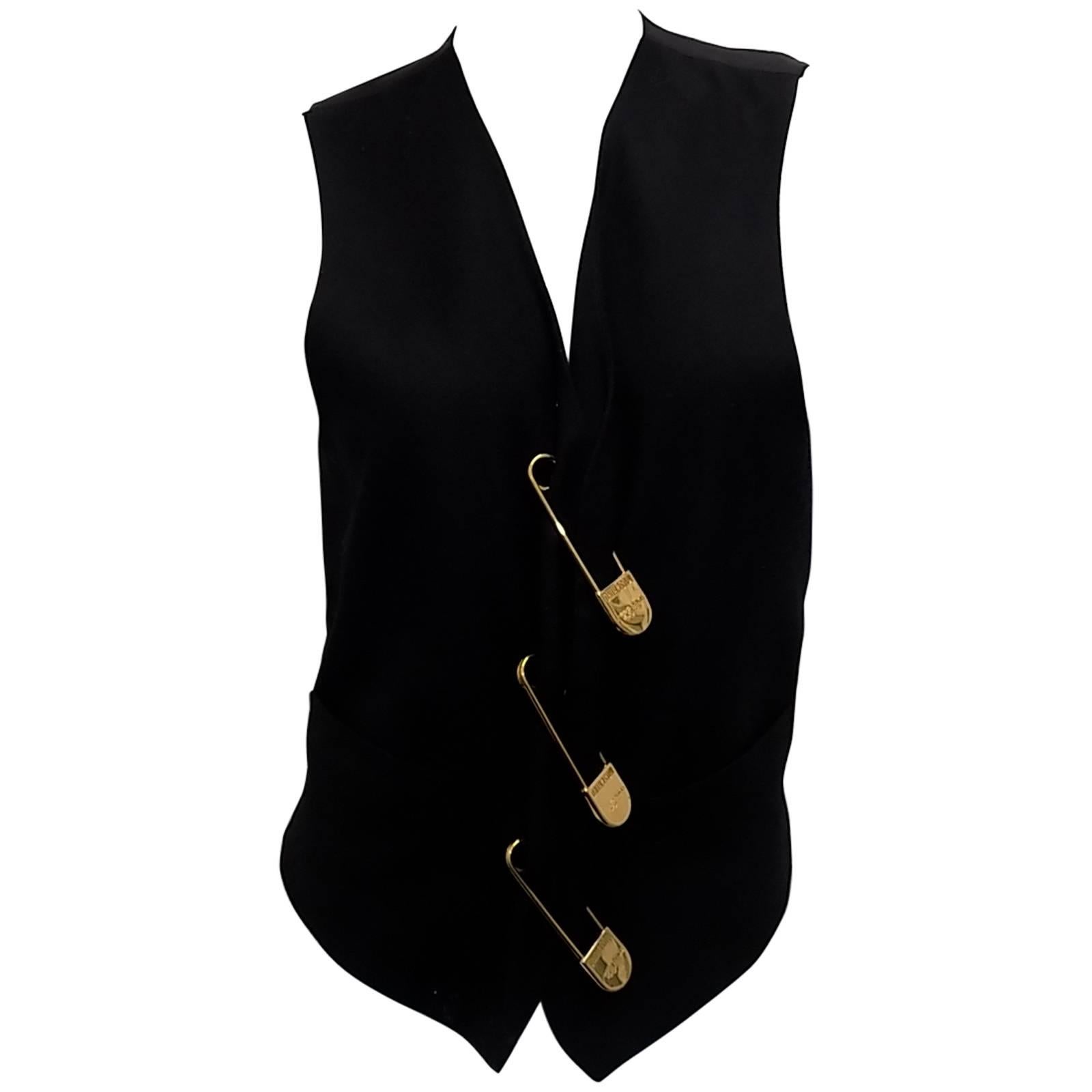 Moschino" I beleive in Punk chic" Vintage black vest with Large safety ...