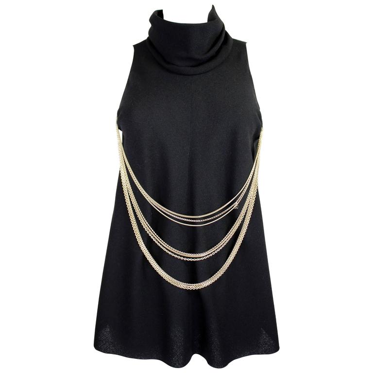 1990s CHANEL Black Wool Turtleneck Tunic with Multistrand Gold Chains ...