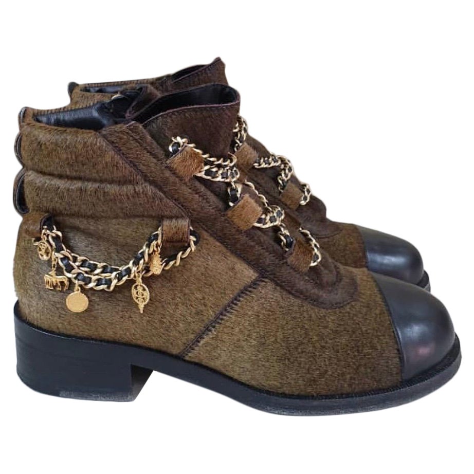 Chanel Black Leather Chain Embellished CC Cap Toe Ankle Boots Size 38 ...