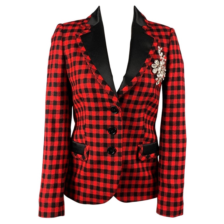 LOVE MOSCHINO Size 4 Red and Black Gingham Wool Rhinestone Jacket For ...
