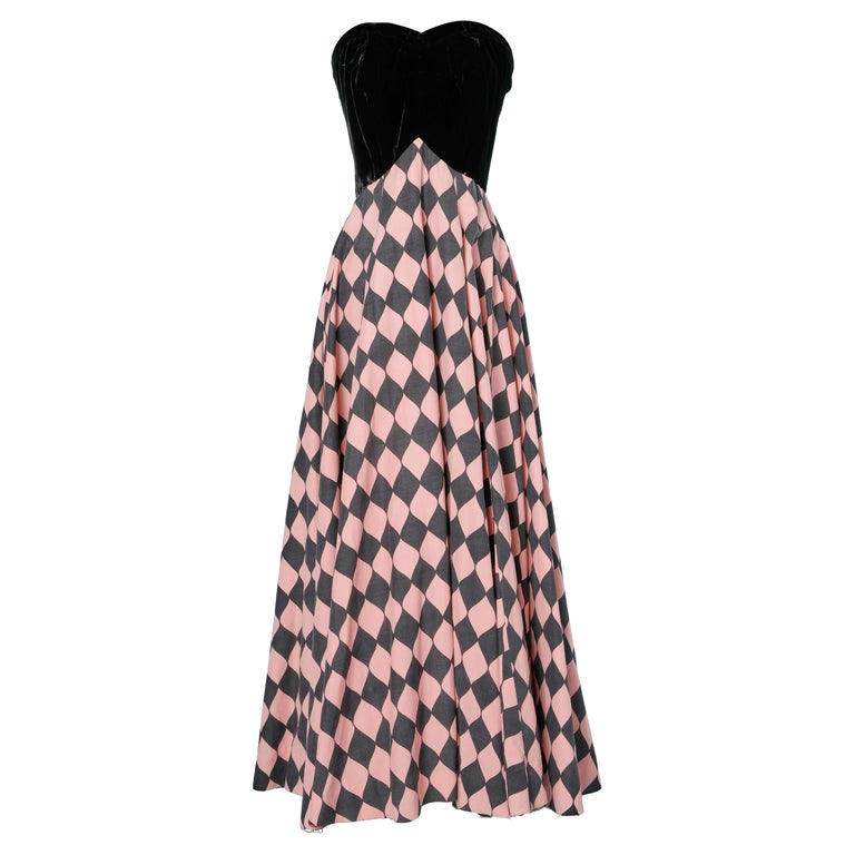 Long bustier evening dress in black velvet and printed cotton For Sale ...