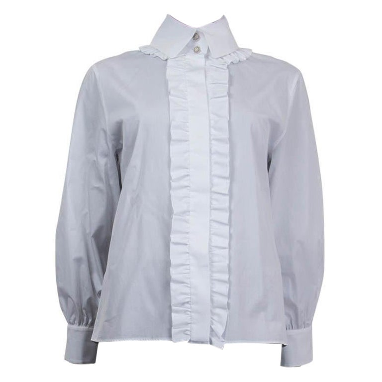 CHANEL white cotton 2019 RUFFLED Button-Up Shirt Top 38 S at 1stDibs