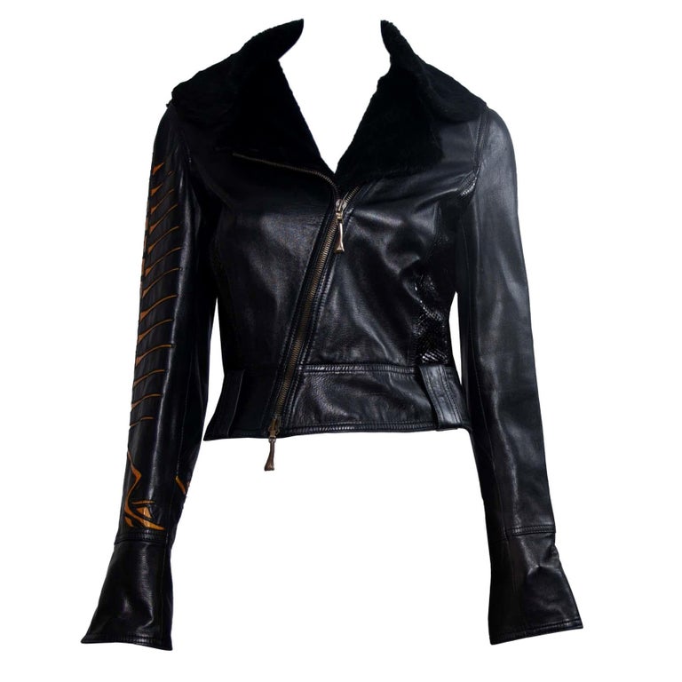 F/W 2000 Roberto Cavalli Python Leather Fur Biker Jacket Python Accents Vintage For Sale at 1stDibs