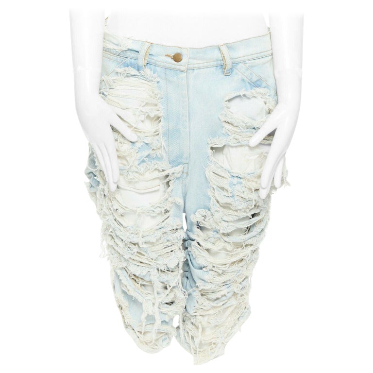 ASHISH blue denim jeans shredded distressed mid ruched natural washed ...