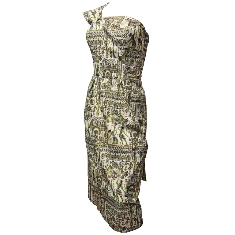 1950s Sarong Egyptian Print Cocktail Dress at 1stDibs | egyptian sarong