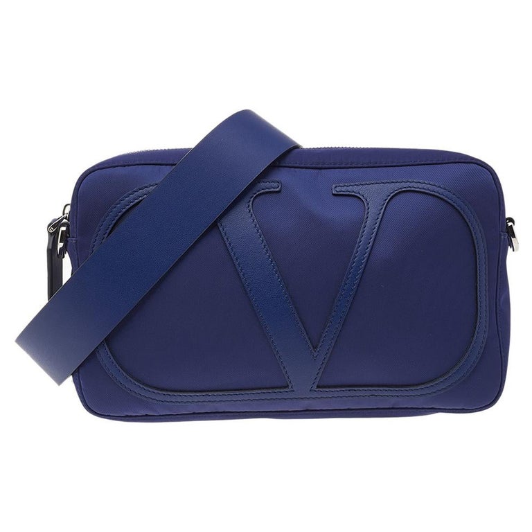Valentino Blue Nylon And Leather V Logo Signature Crossbody Bag at 1stDibs