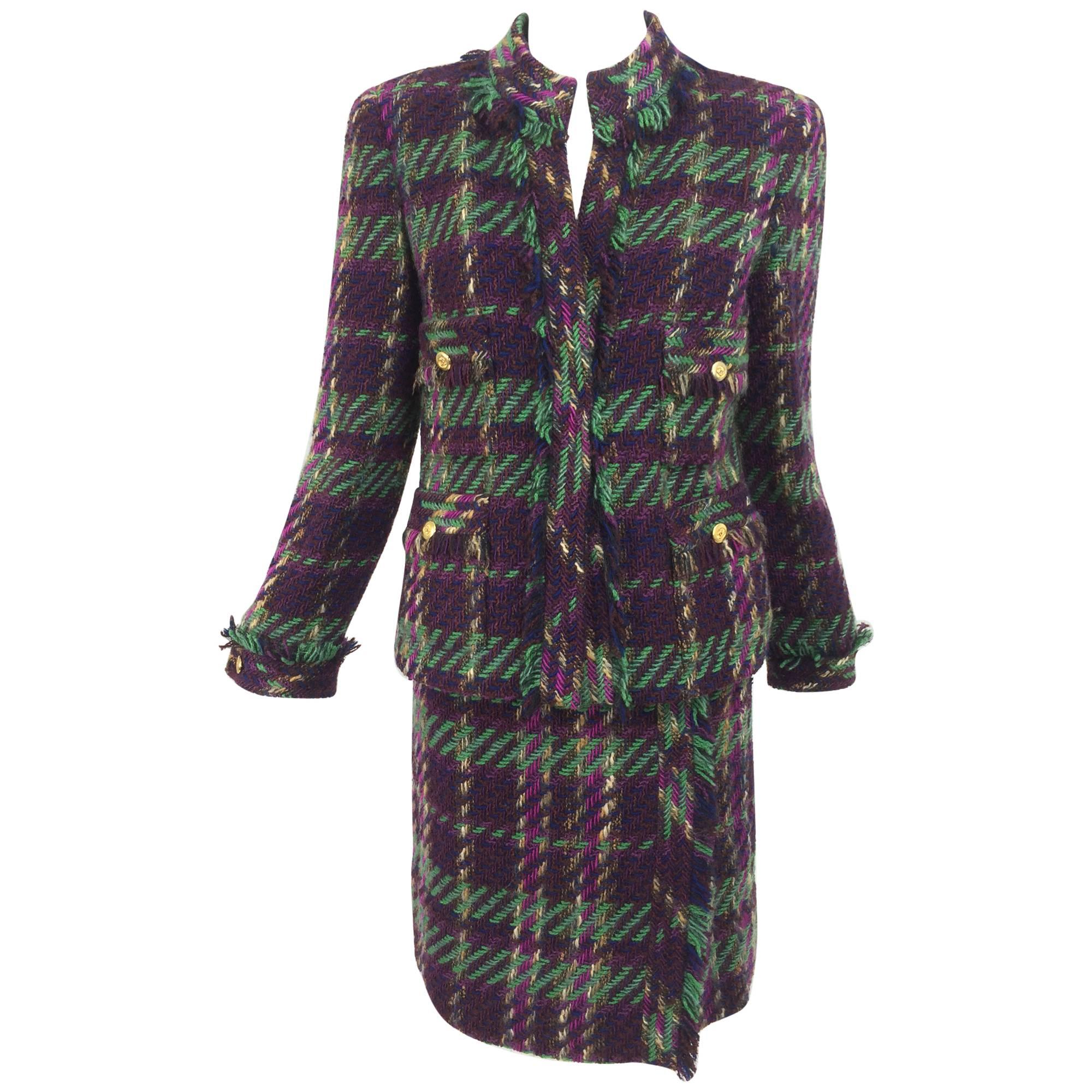 Chanel Chunky weave 4 pocket fringe plaid/tweed suit in purple and ...