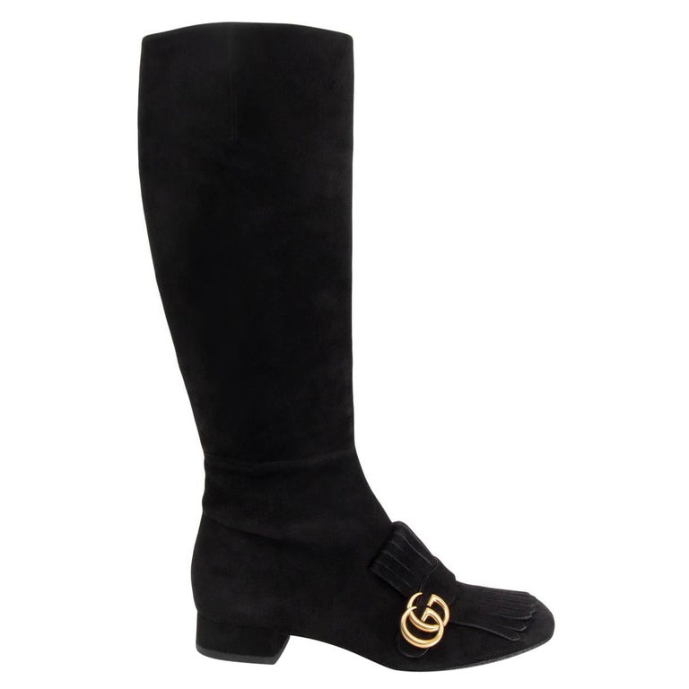 GUCCI black suede MARMONT GG FRINGE FLAT KNEE HIGH Boots Shoes 38.5 at ...