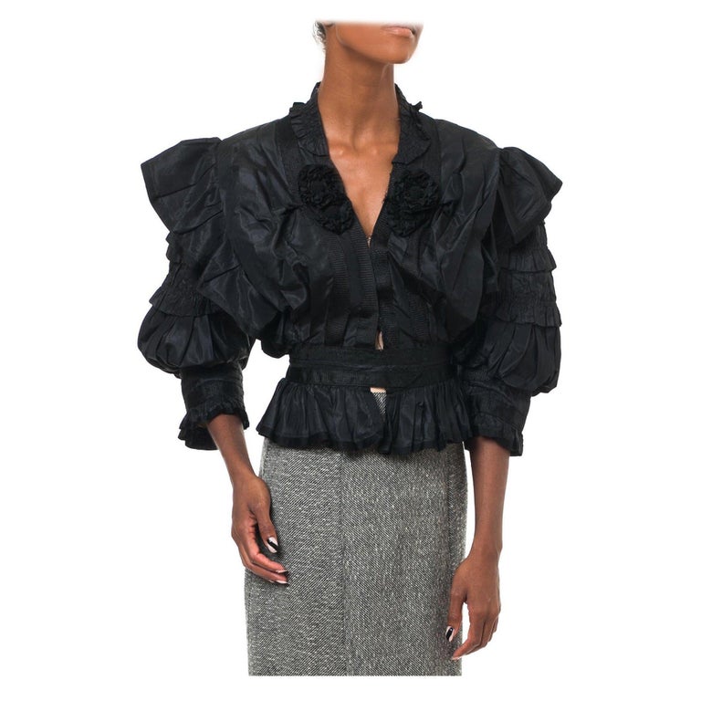 Edwardian Black Silk Taffeta Dramatic Ruffled Puff Sleeve Blouse Some ...