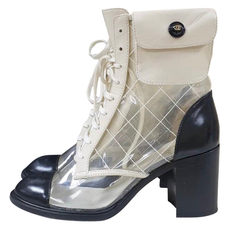 Chanel Black 19k Ivory Pvc Clear Pocket CC Lace Up Tie Short Heel Ankle ...