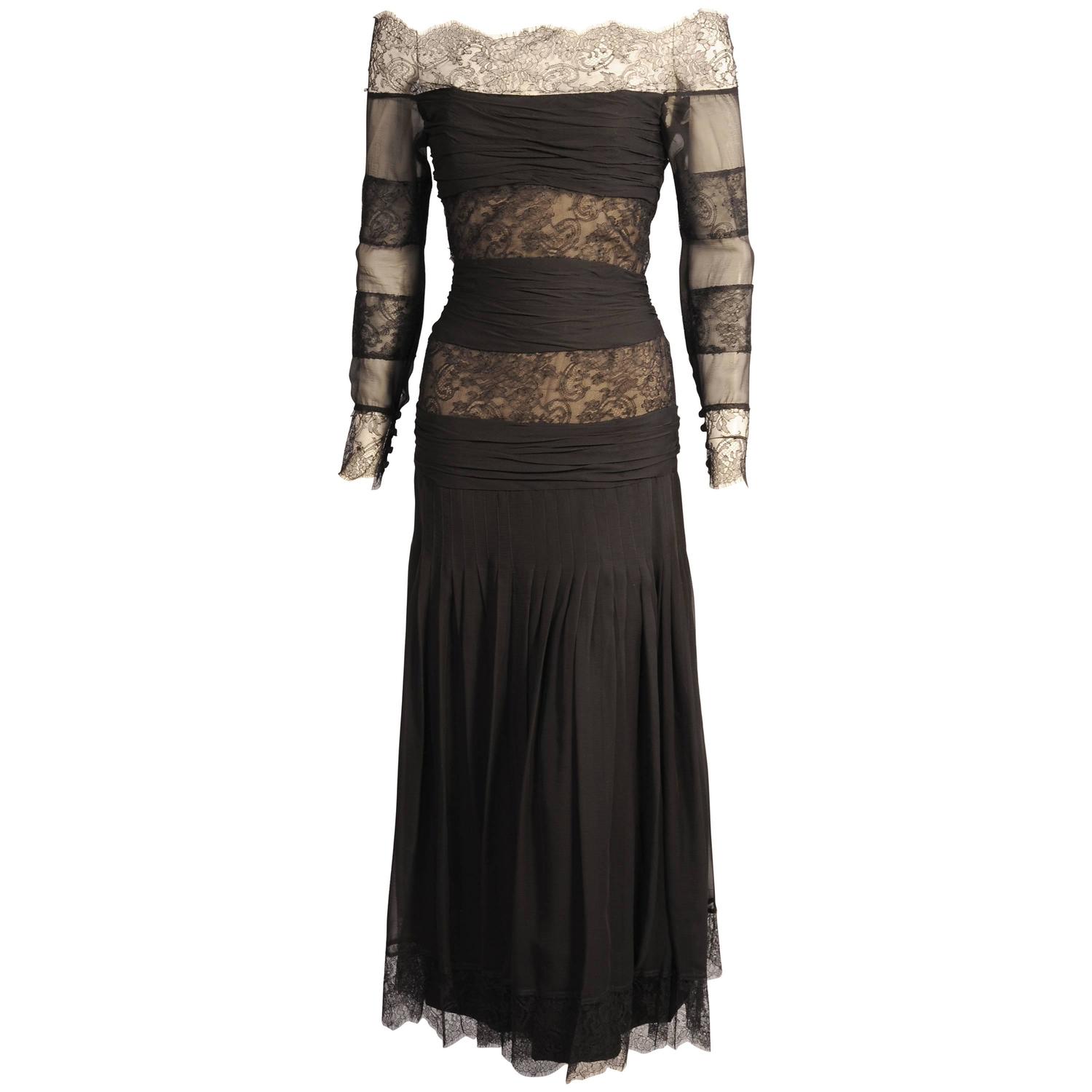 Chanel Numbered Haute Couture Black Lace and Silk Chiffon Evening Dress ...