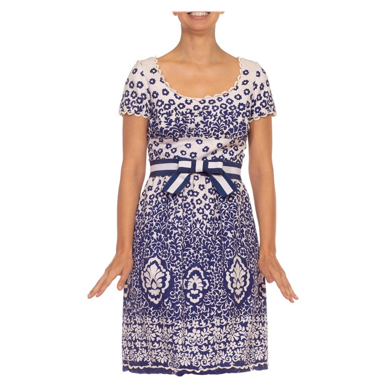 1960S Oscar De La Renta Navy Blue and White Floral Mod Cocktail Dress ...