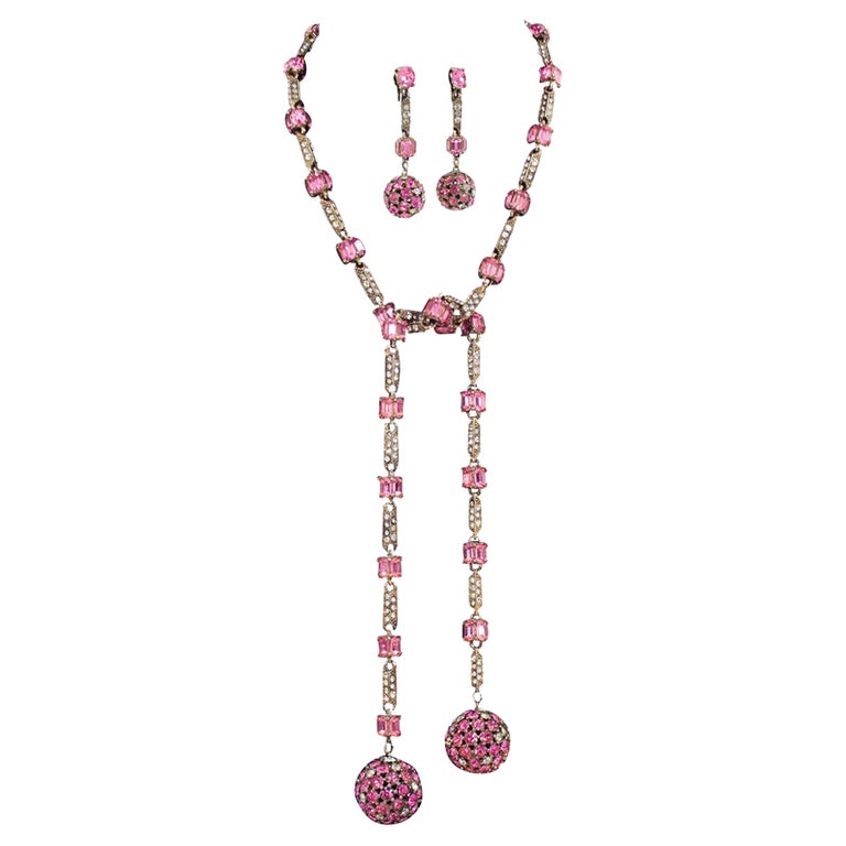 1960s Bogoff Pink Rhinestone Lariat and Earring Set For Sale at 1stDibs