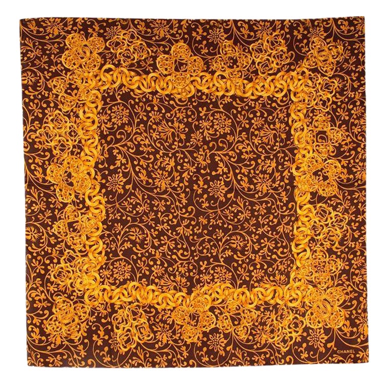 Chanel Chocolate Brown Floral Gold-Tone Chain Print Silk Square Scarf ...