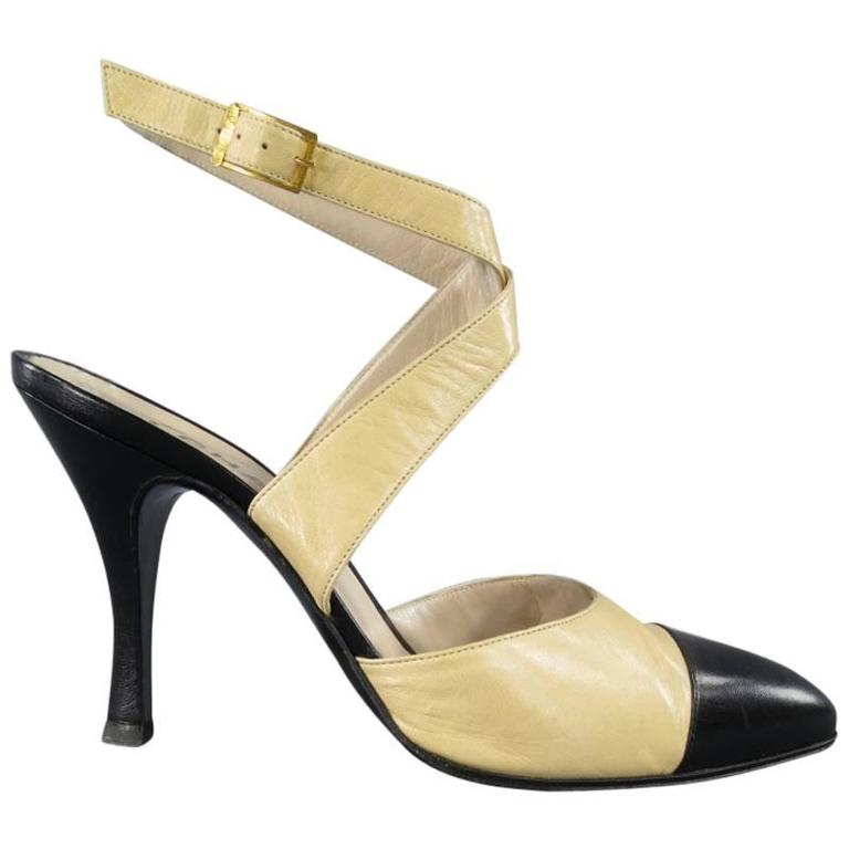 CHANEL Size 8.5 Beige Leather Black Cap Toe Cross Ankle Strap Pumps at ...