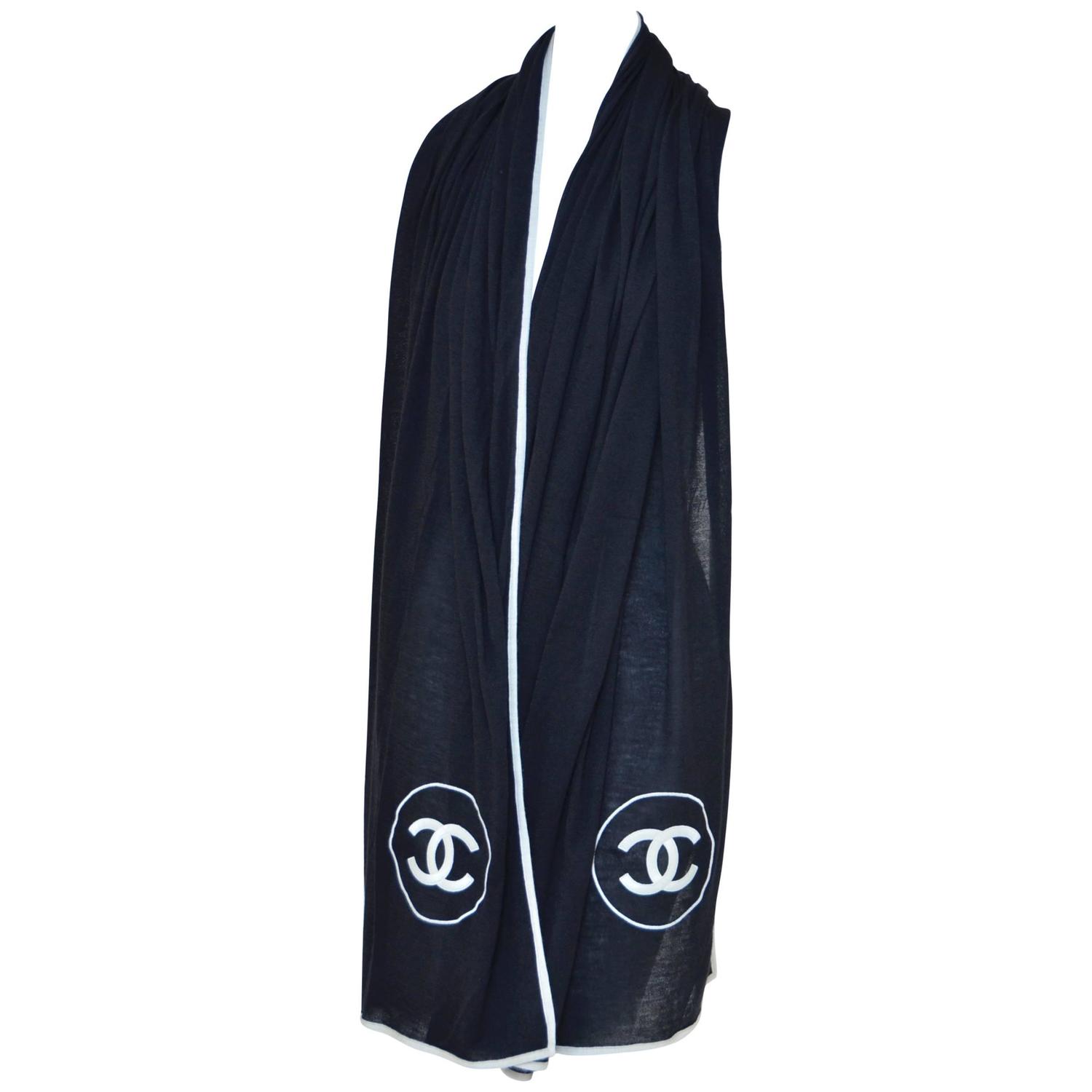 CHANEL Cashmere/Silk Large Scarf With 2 Embroidered CC NEW For Sale at ...