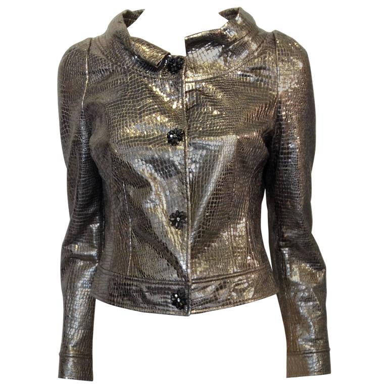 St. John Couture Silver Metallic Embossed Leather Jacket at 1stDibs