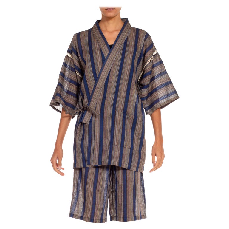 1970S Navy Blue and Grey Cotton Blend Japanese Striped Ensemble For ...