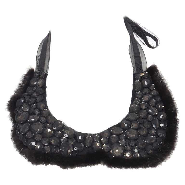 new FENDI black mesh jewel embellished fur chain self tie collar ...