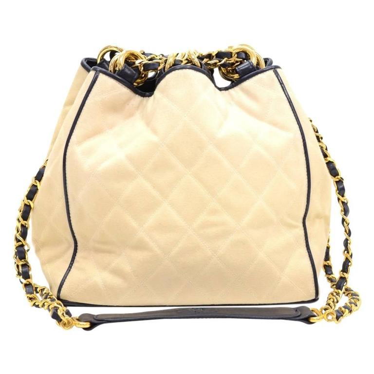 Chanel Vintage Quilted Leather Canvas Cotton Gold HW Bucket Chain ...