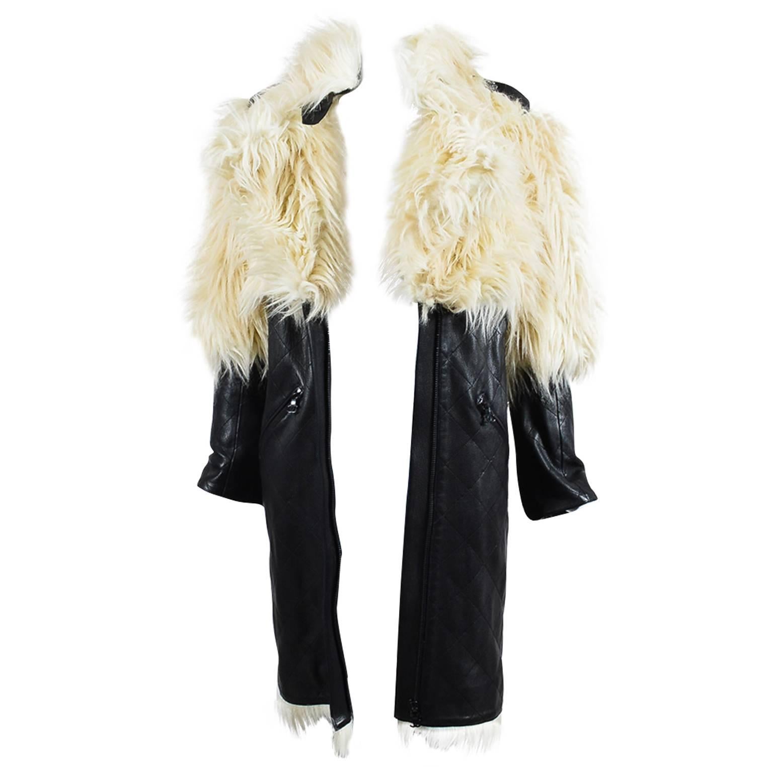 Chanel Fall 2010 Runway Black Cream Quilted Leather Fantasy Fur Coat SZ ...