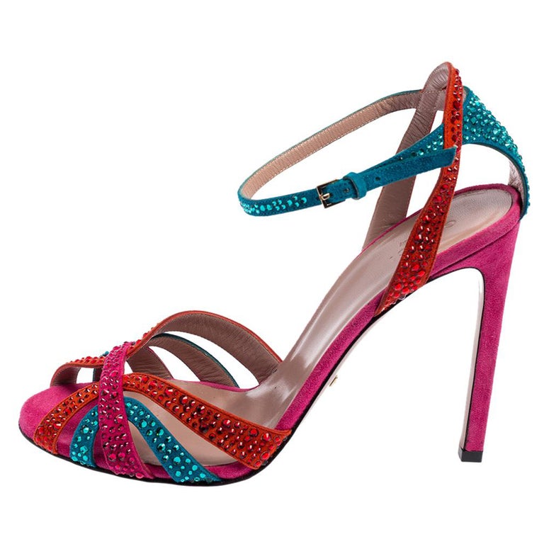 Gucci Multicolor Suede Crystal Embellished Ankle Strap Sandals Size 38 ...