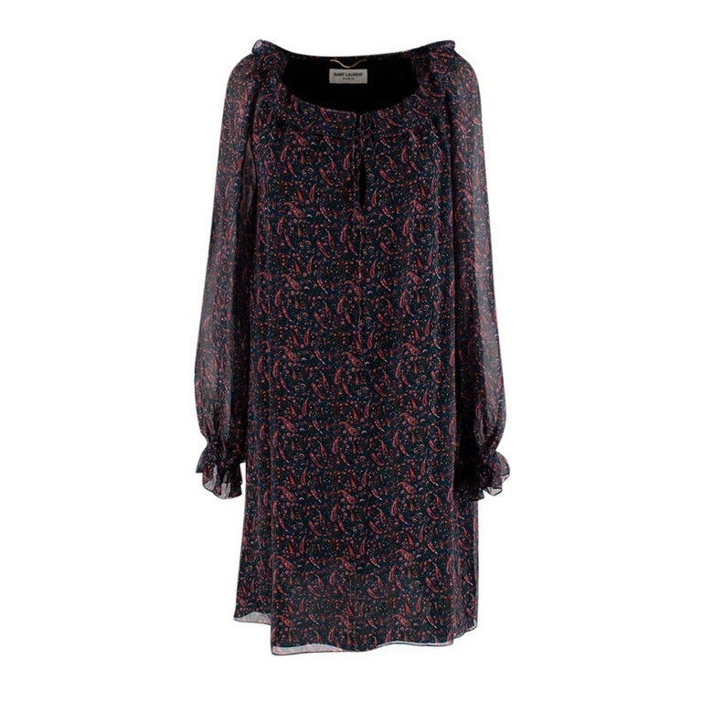 Saint Laurent Deep Green Paisley Silk Crepe Peasant Dress For Sale at ...